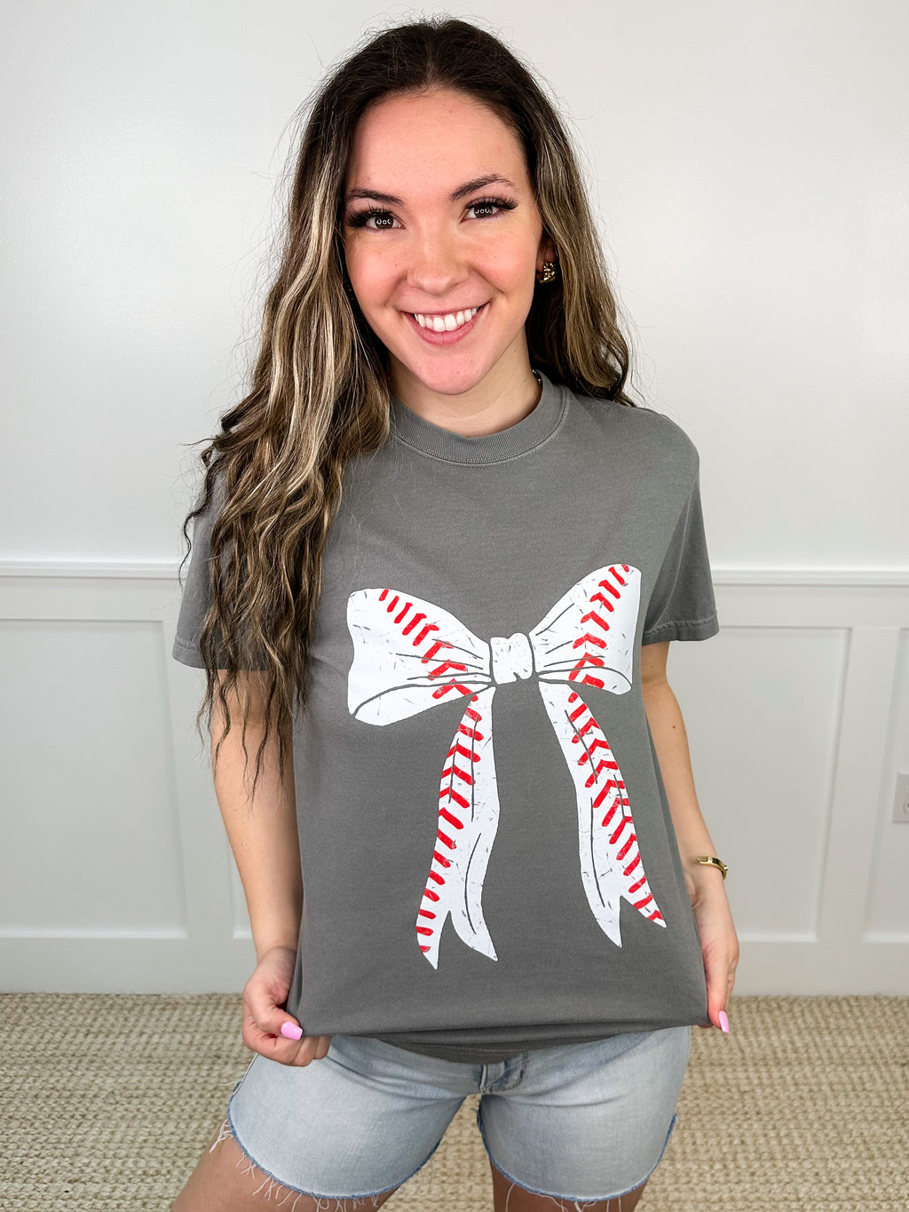 Ballpark Hopper Cotton Short Sleeve Grey Avery Mae Graphic Tee Shirt – Avery Mae Boutique