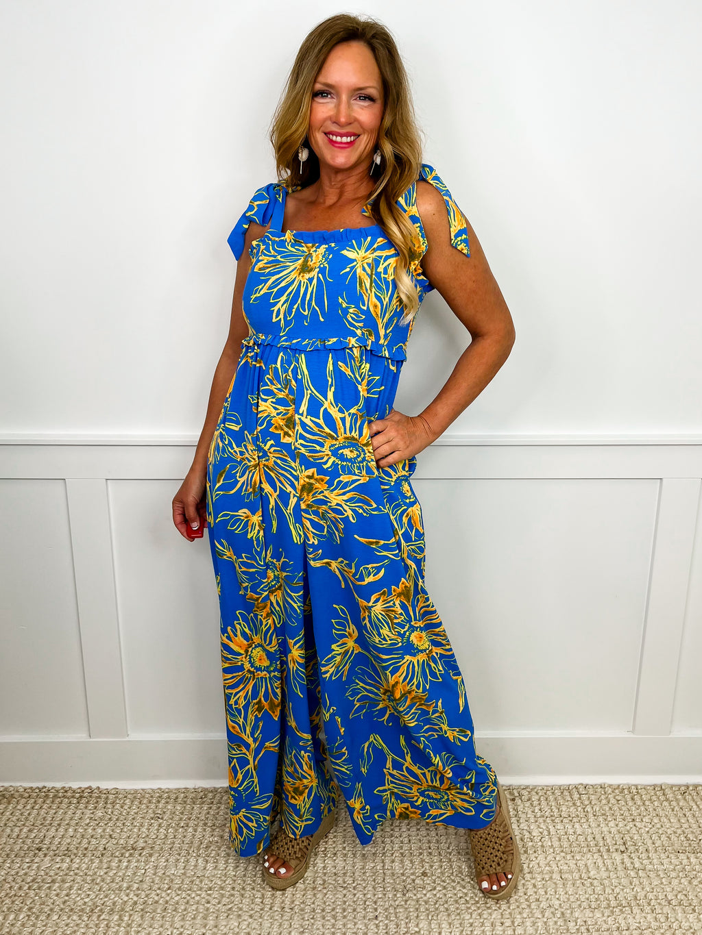 Sunflower Oasis Lightweight Blue Avery Mae Jumpsuit – Avery Mae Boutique