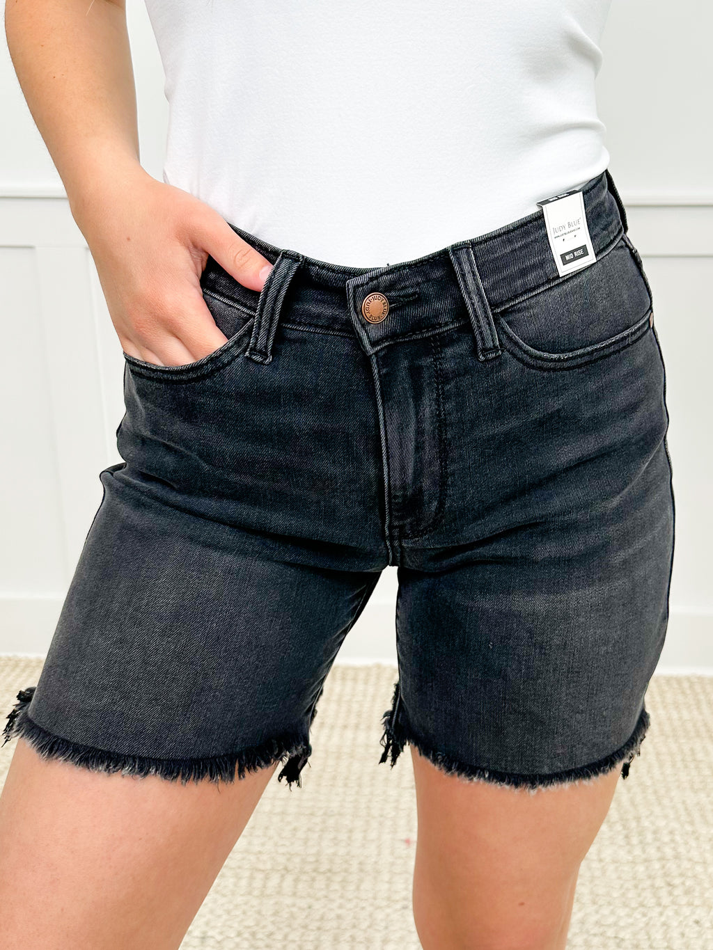Judy Blue Aly High-Rise Adjustable Double Button Frayed Hem Black Dad ...