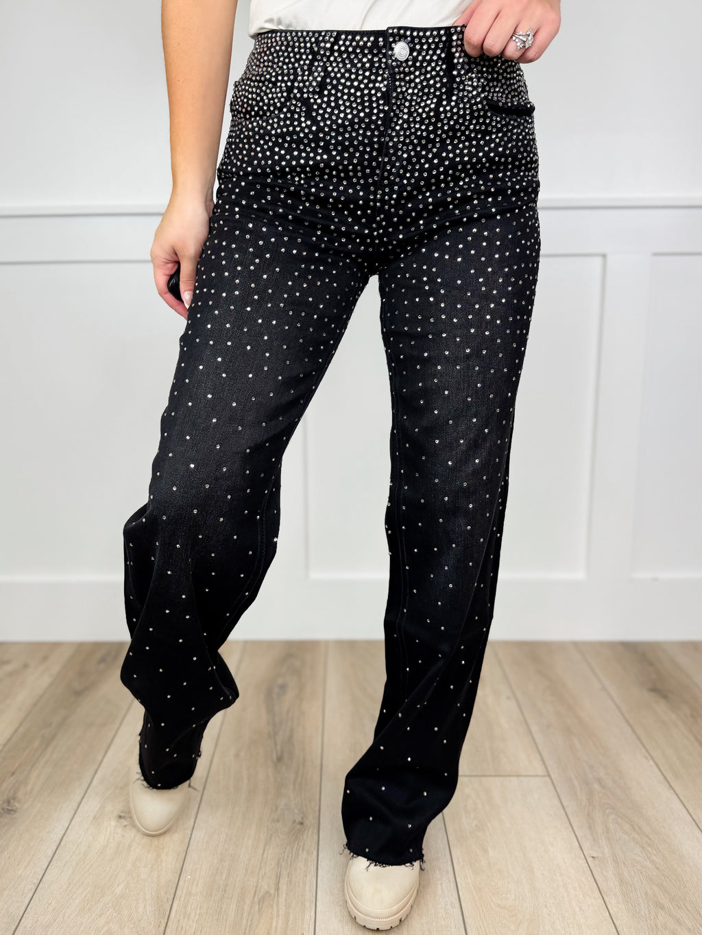Vervet Flying Monkey Emmy High Rise Rhinestone Raw Hem Slim Wide Black ...