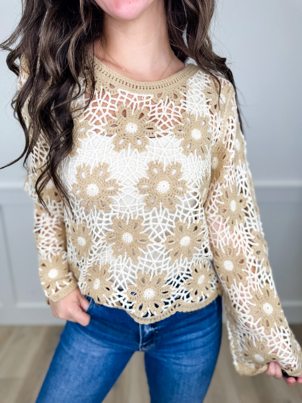 Whatever You Like Crochet Long Sleeve Tan Avery Mae Sweater Top – Avery ...